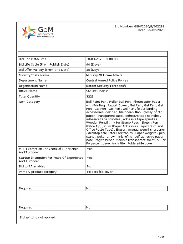 Bid Document Bid Details | PDF | Specification (Technical Standard) | Pen