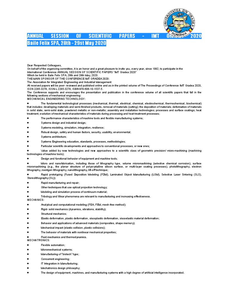 Annual Session OF Scientific Papers - IMT Oradea 2020 Baile Felix SPA ...