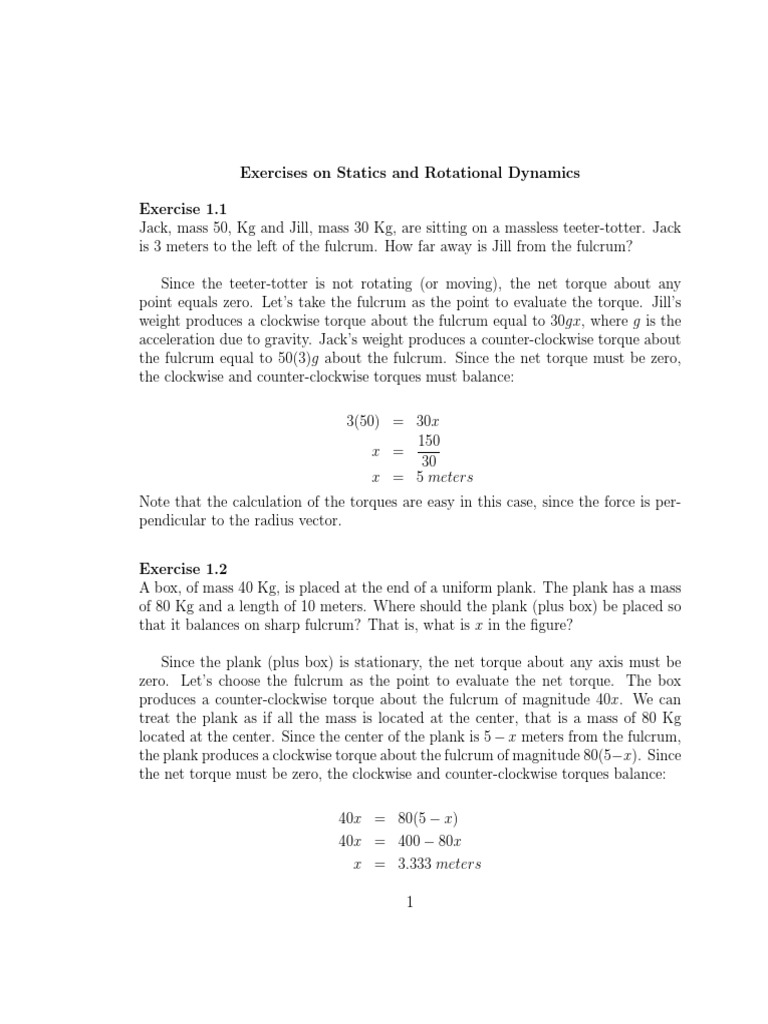 Exercises On Statics and Rotational Dynamics | PDF | Rotation Around A Fixed Axis | Torque