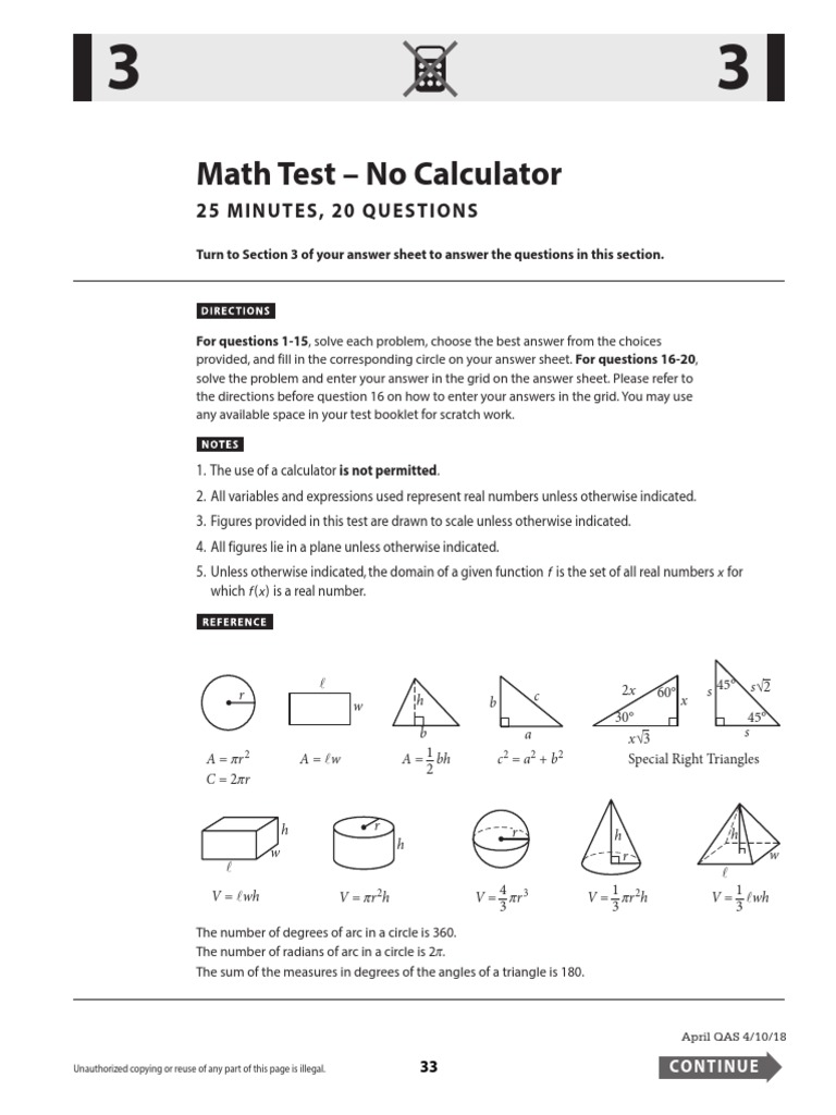 Math Test - No Calculator: 25 Minutes, 20 Questions | PDF | Sat | Triangle