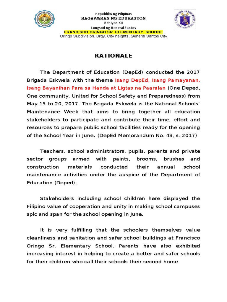 Theme Rationale Brigada Eskwela | PDF | Learning