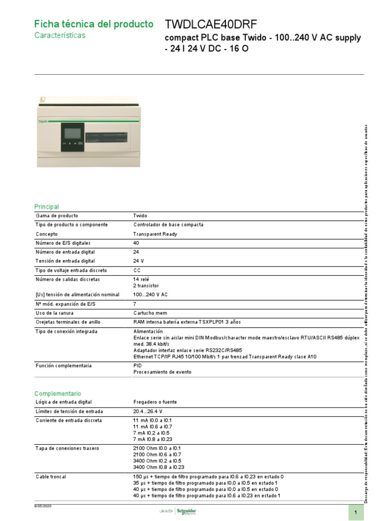 Ficha técnica PLC Twido TWDLCAE40DRF | PDF | Relé | Corriente continua