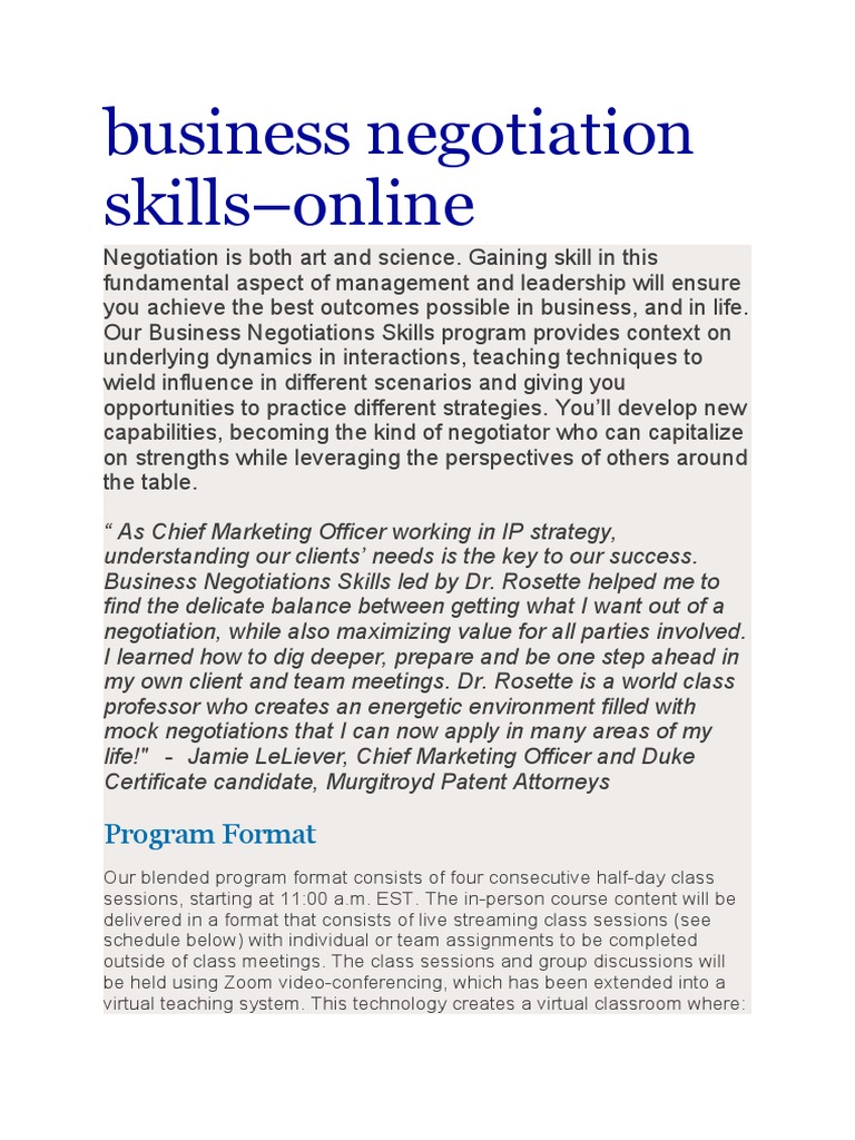 Business Negotiation Skills | PDF | Negotiation | Distance Education
