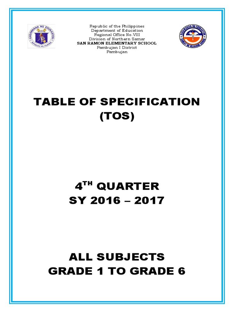 Table of Specification (TOS) : San Ramon Elementary School | PDF