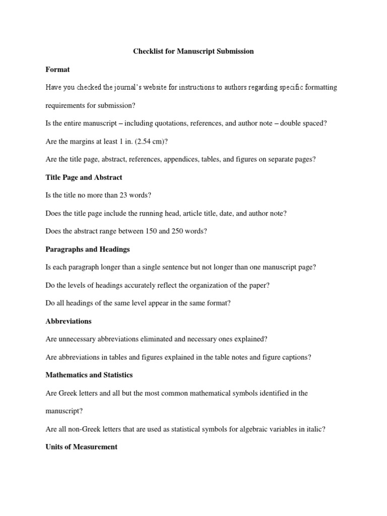 Checklist For Manuscript Submission Format | PDF