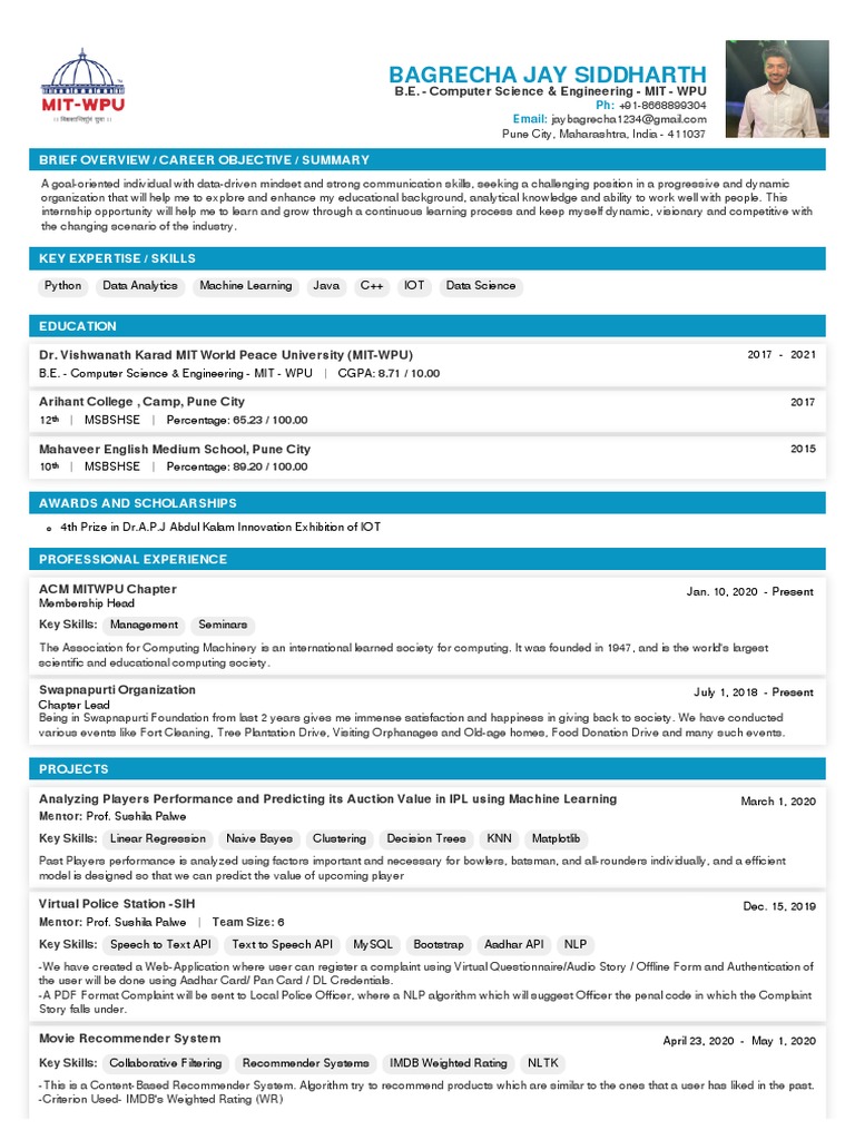 Bagrecha Jay Siddharth: Brief Overview / Career Objective / Summary | PDF | Machine Learning ...