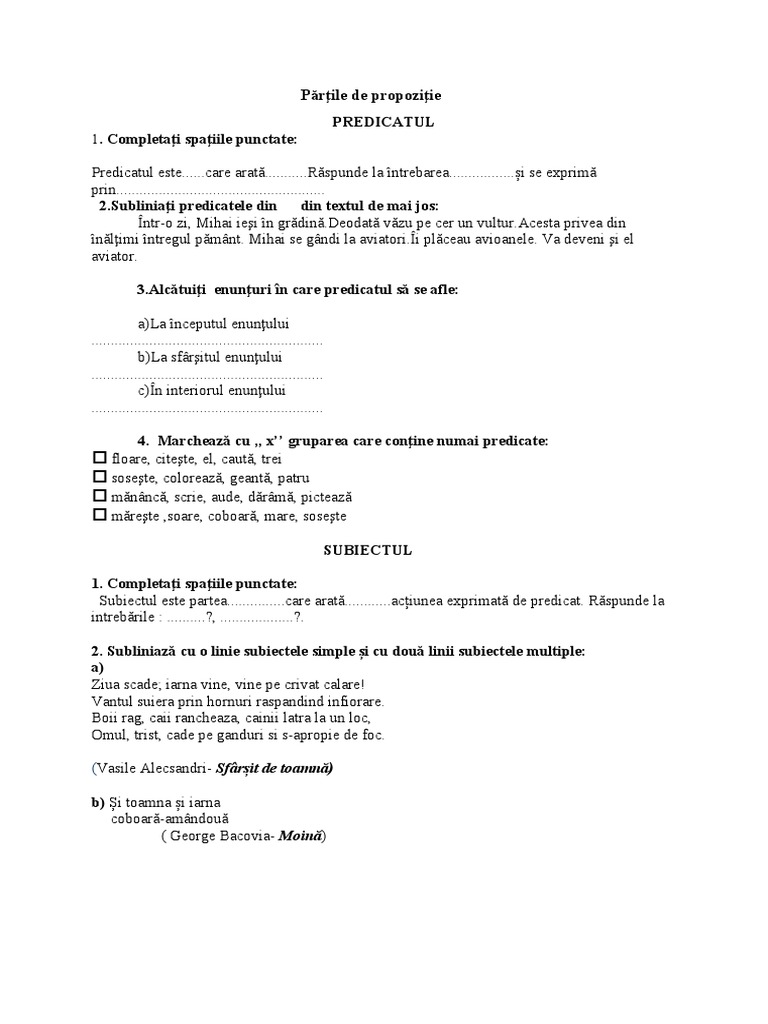 Fisa de Lucru Partile de Propozitie 5 | PDF