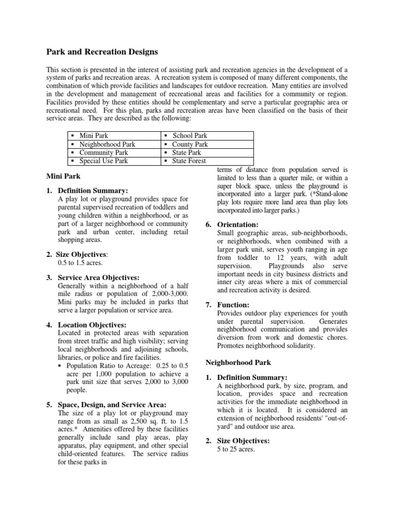 Park and Recreation Designs: Mini Park 1. Definition Summary | PDF ...