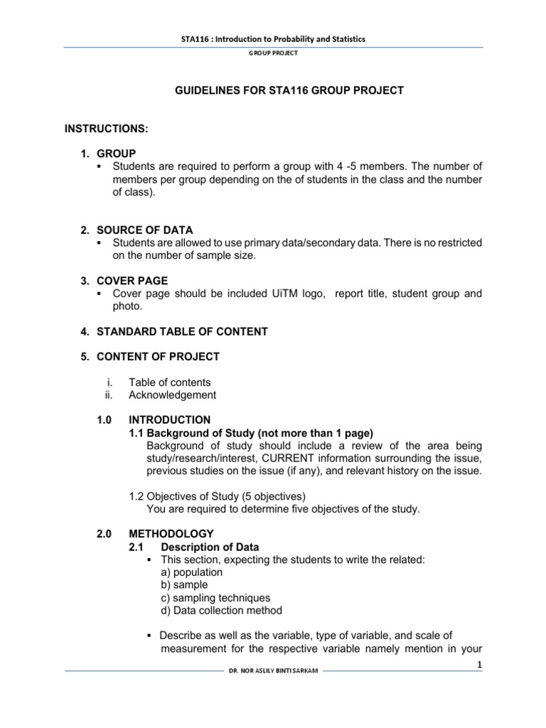 GUIDELINES, RUBRIC AND EVALUATION FORM FOR STA116 GROUP PROJECT - DR ...