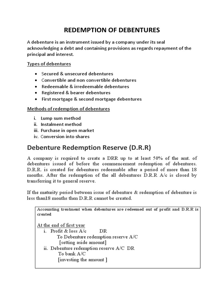Redemption Of Debentures Debenture Redemption Reserve D R R Pdf