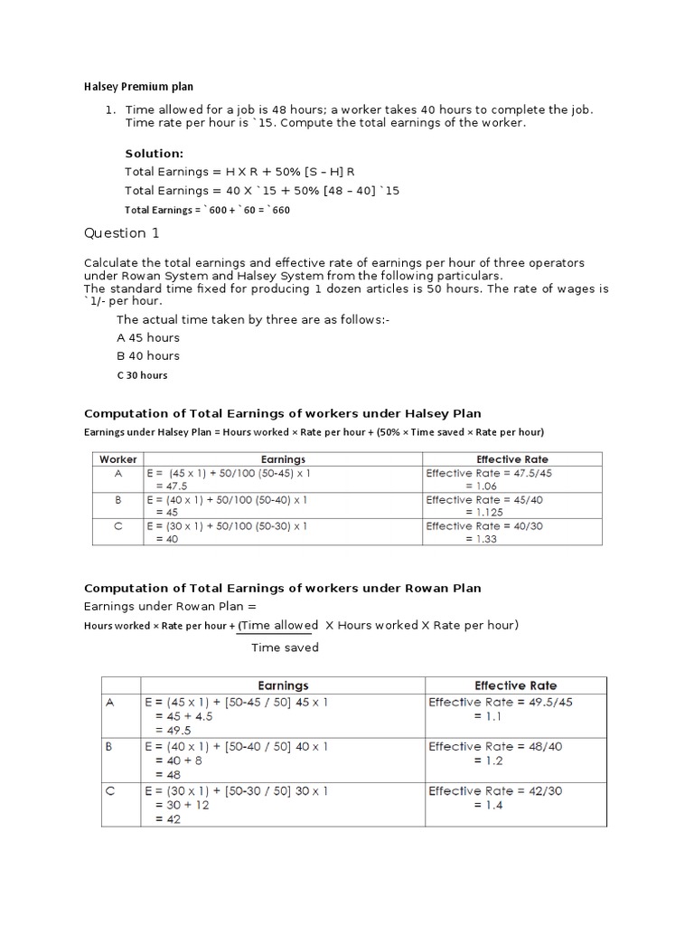 Halsey Premium Plan: Solution | PDF | Piece Work | Wage