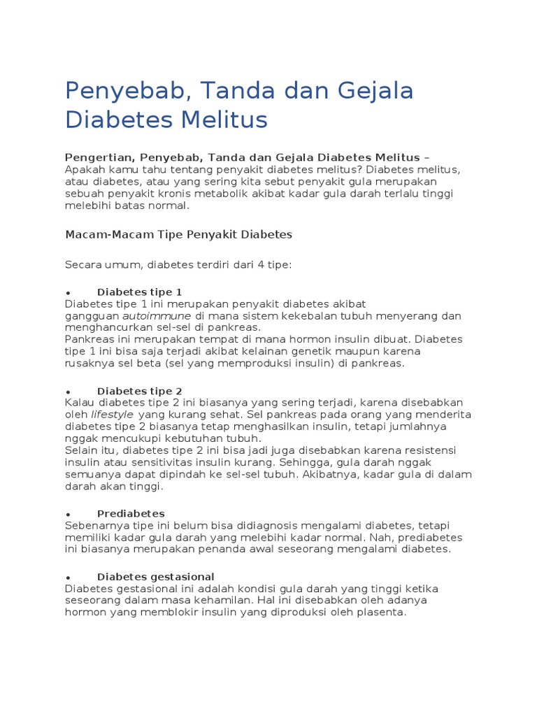Pengertian, Penyebab, Tanda Dan Gejala Diabetes Melitus | PDF