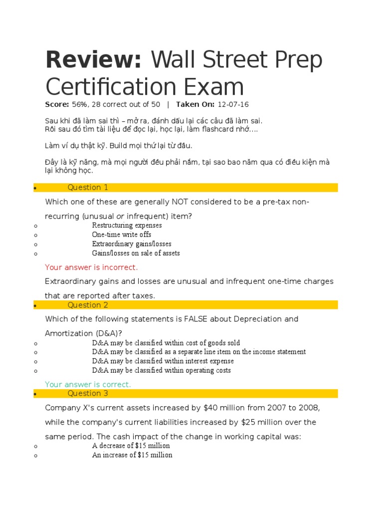 Review of Wall Street Prep Certification Exam Results and Areas for ...
