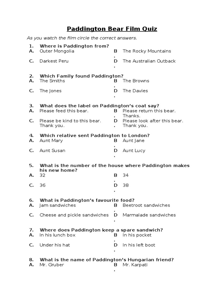 Paddington Bear Film Quiz: As You Watch The Film Circle The Correct ...