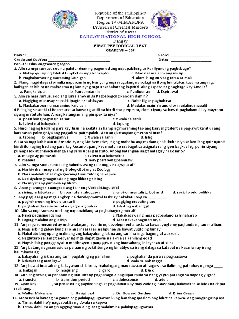1ST Periodical Test Esp | PDF