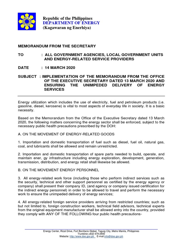 Doe Memo Energy Covid PDF | PDF | Quarantine | Fuels