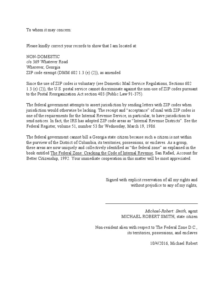 Request to Correct Records to Non-Domestic Address and Assert Legal ...