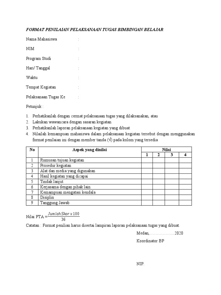 Format Penilaian Pelaksanaan Tugas Bimbingan Belajar | PDF