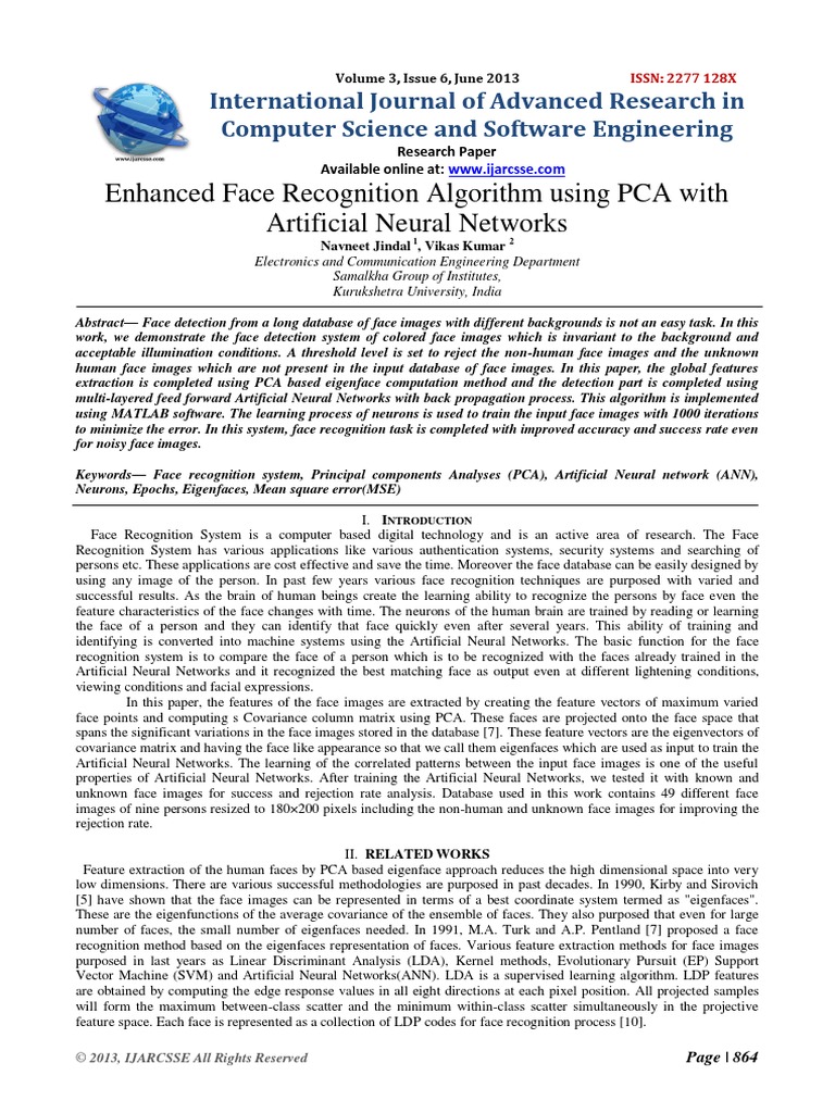 Enhanced Face Recognition Algorithm Using PCA With Artificial Neural Networks | PDF | Artificial ...
