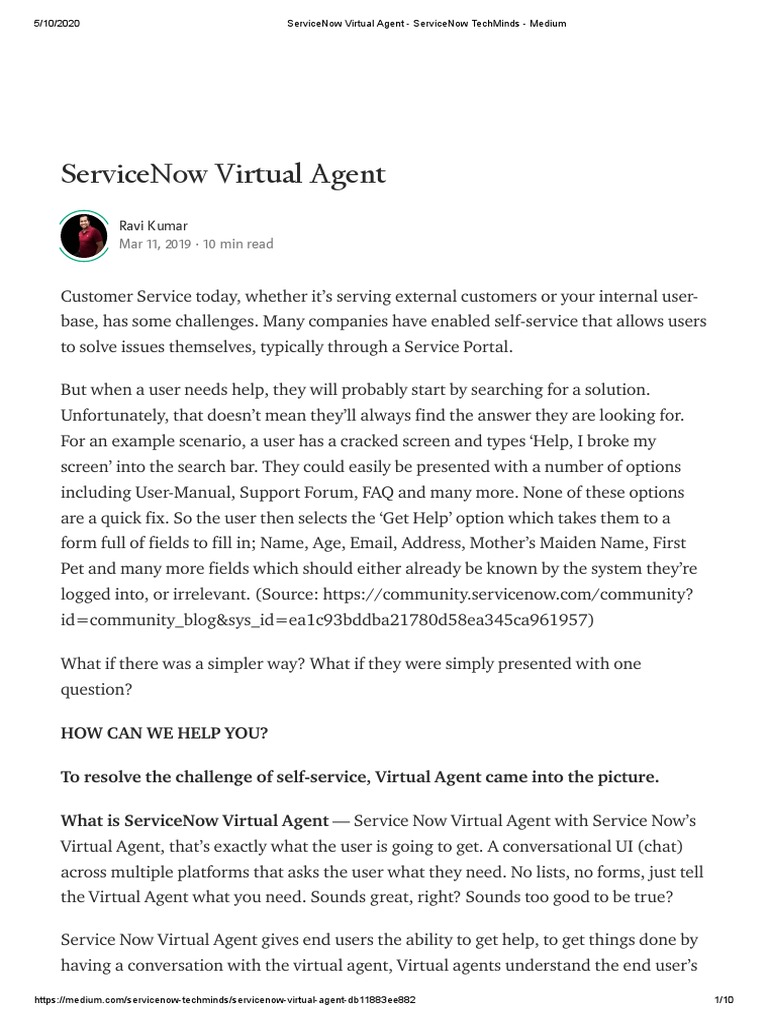ServiceNow Virtual Agent - ServiceNow TechMinds - Medium | PDF ...