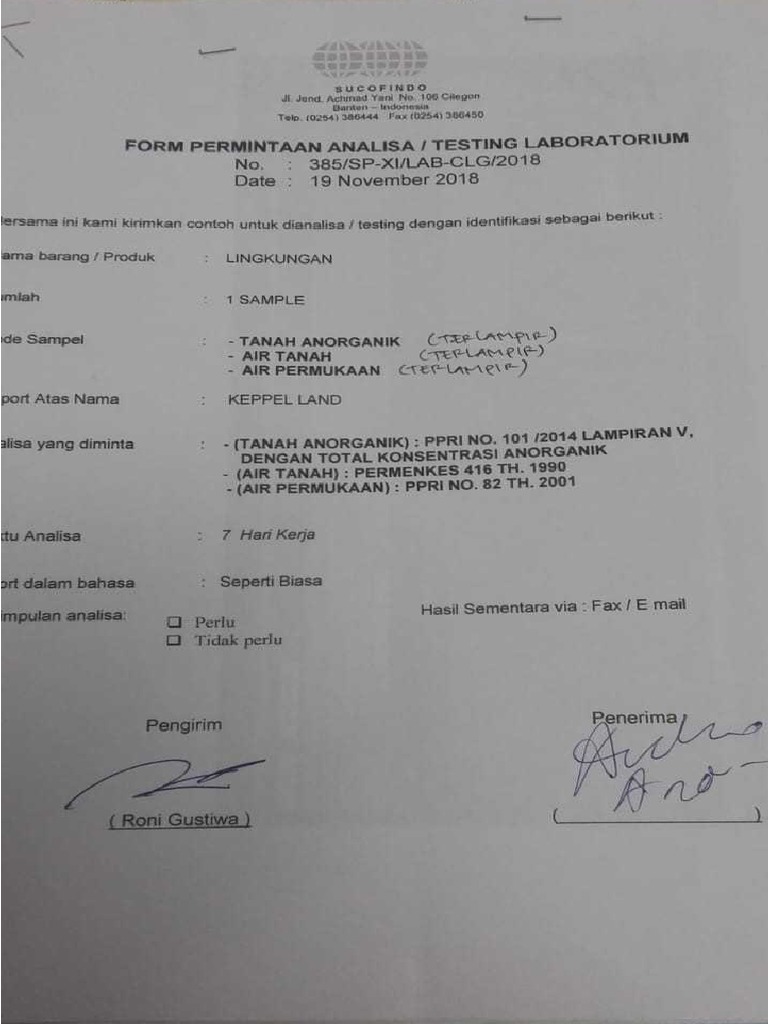 Form Permintaan Analisa IWO No. CLG - IWO.18.01870 | PDF