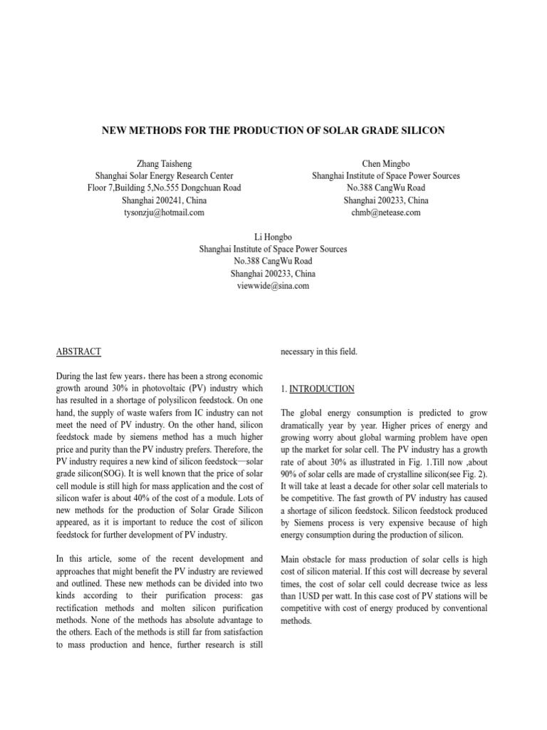 New Methods For The Production of Solar Grade Silicon | PDF ...
