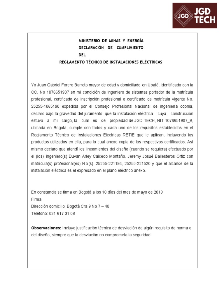 Declaracion de Cumplimiento RETIE | PDF