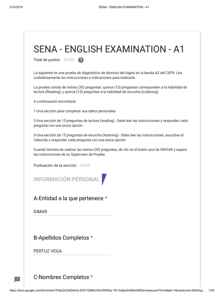 Sena - English Examination - A1 Completo | PDF | Entretenimiento (general)