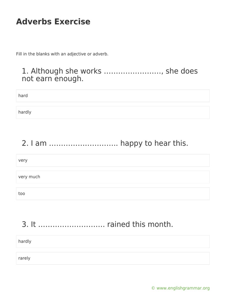 Adverbs Exercise: 1. Although She Works, She Does Not Earn Enough | PDF