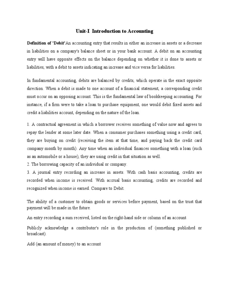 Unit-I Introduction To Accounting | PDF | Debits And Credits | Accounting