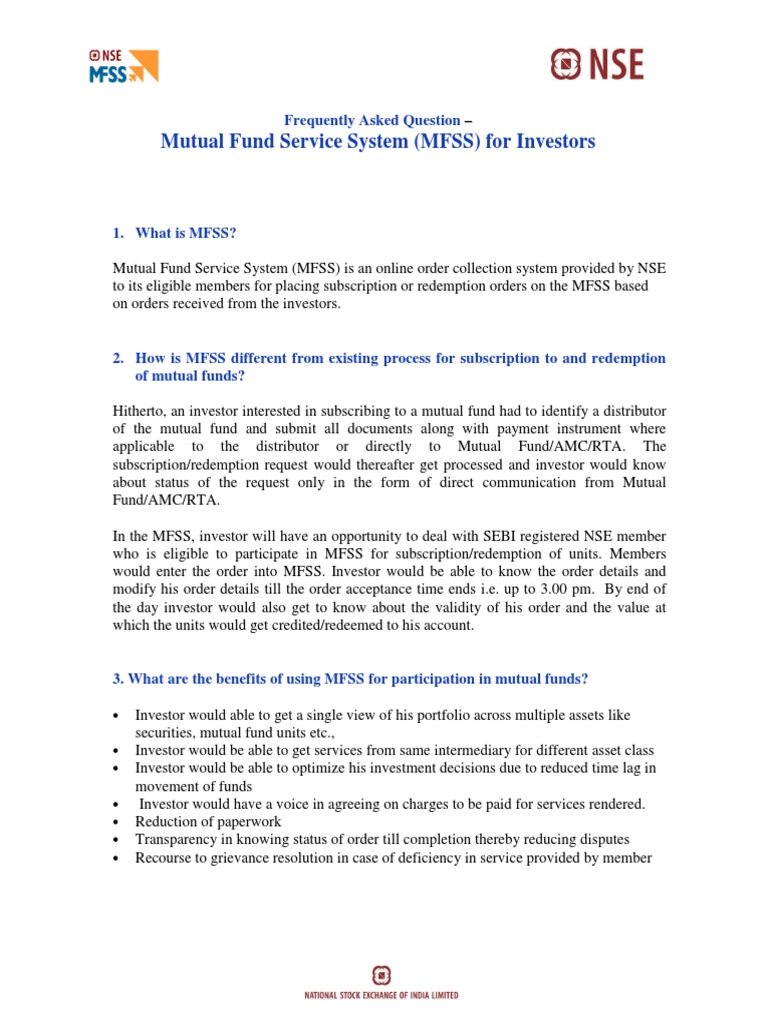 Mutual Fund Service System (MFSS) For Investors: Frequently Asked ...