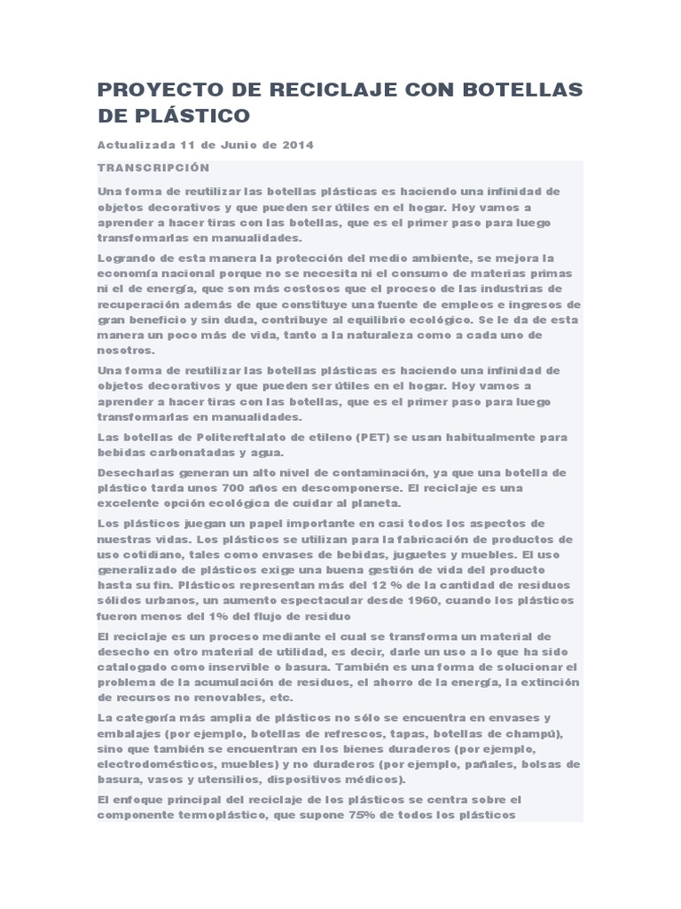 Proyecto De Reciclaje Con Botellas De Plástico Pdf El Plastico