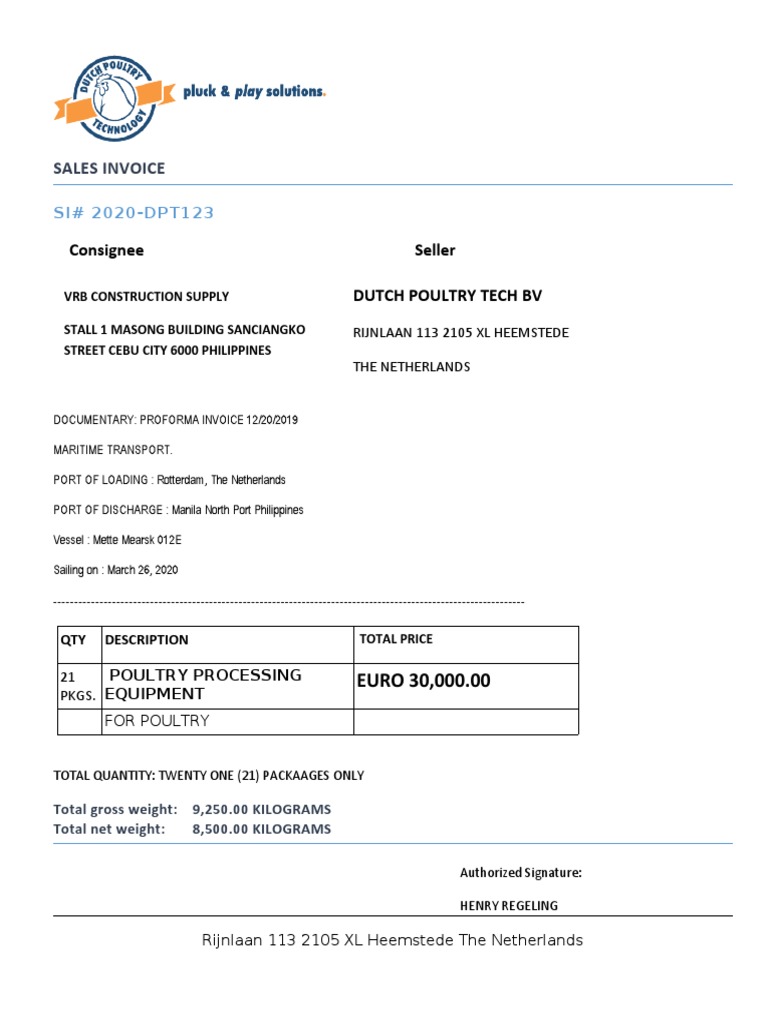 Sales Invoice: Consignee Seller Dutch Poultry Tech BV | PDF