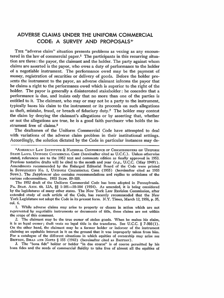 Adverse Claims Under The Uniform Commercial Code - A Survey and PR PDF ...