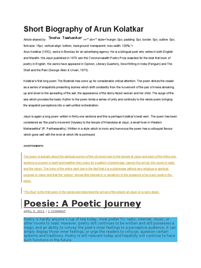 Short Biography of Arun Kolatkar: Poesie: A Poetic Journey | PDF | Poetry