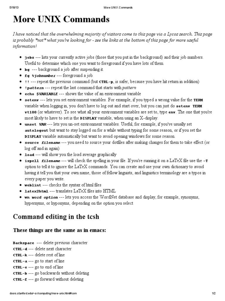 More Unix Commands Command Editing In The Tcsh Pdf Filename Computer File 