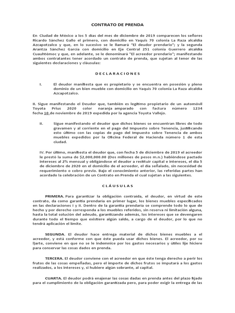 Contrato De Prenda | Instituciones sociales | Ciencias Sociales