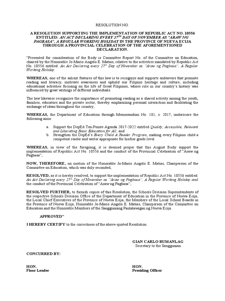 Draft SP Resolution - Araw NG Pagbasa | PDF | Social Institutions ...
