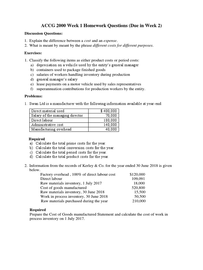 ACCG 2000 Week 1 Homework Questions PDF | PDF | Inventory | Cost