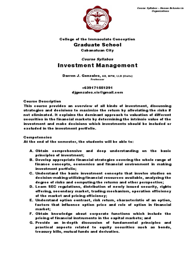 Course Syllabus - Investment Management | PDF | Option (Finance ...