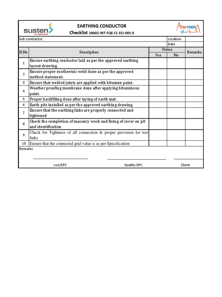 18002-INT-FQE-CL-ECI-001-0 - Checklist - Earthing Conductor | PDF