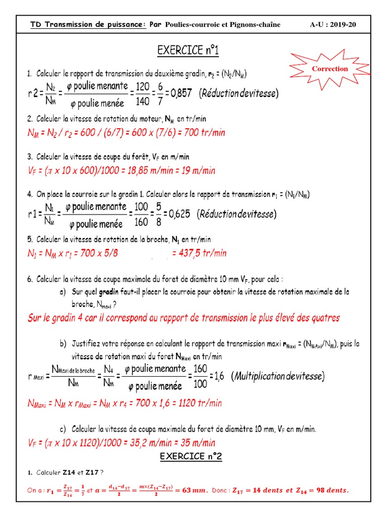 Exercices - Poulies - Courroie Et Pignons - Chaine - Correction PDF | PDF | Machine | Ingénierie ...