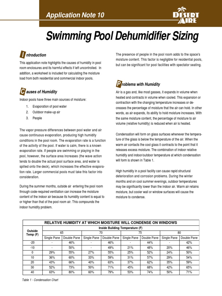 Swimming Pool Dehumidifier Sizing: Application Note 10 | PDF | Humidity ...