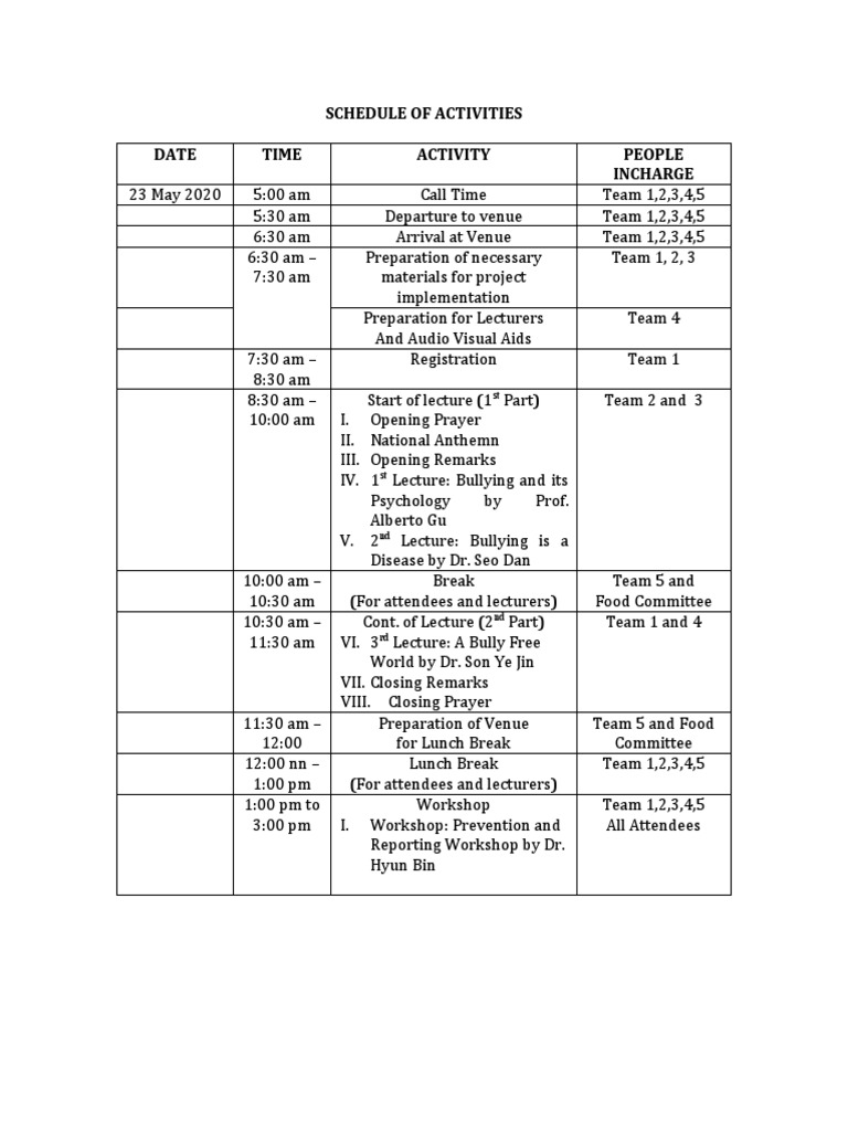 Schedule of Activities Date Time Activity People Incharge | PDF