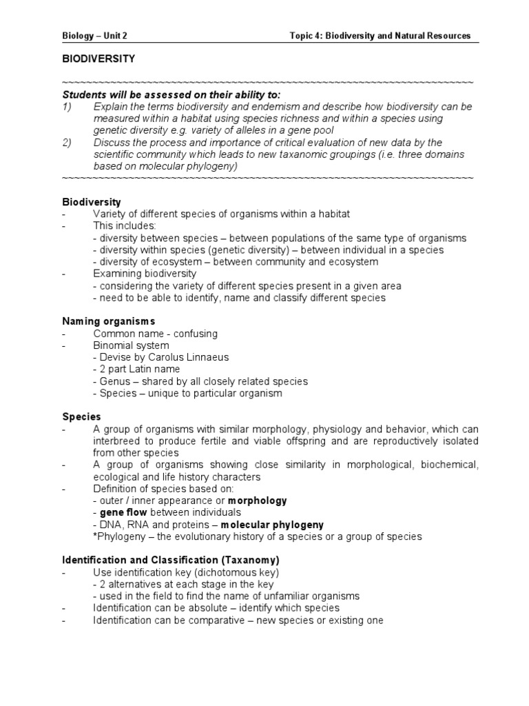 Biodiversity Notes | Species | Organisms