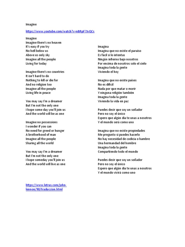 Letra y significado de "Imagine" | PDF | Poesía | Libros para adolescentes