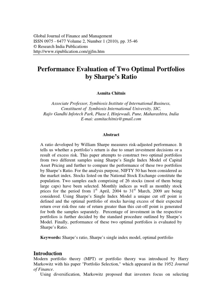 Performance Evaluation of Two Optimal Portfolios by Sharpe's Ratio | PDF | Beta (Finance ...