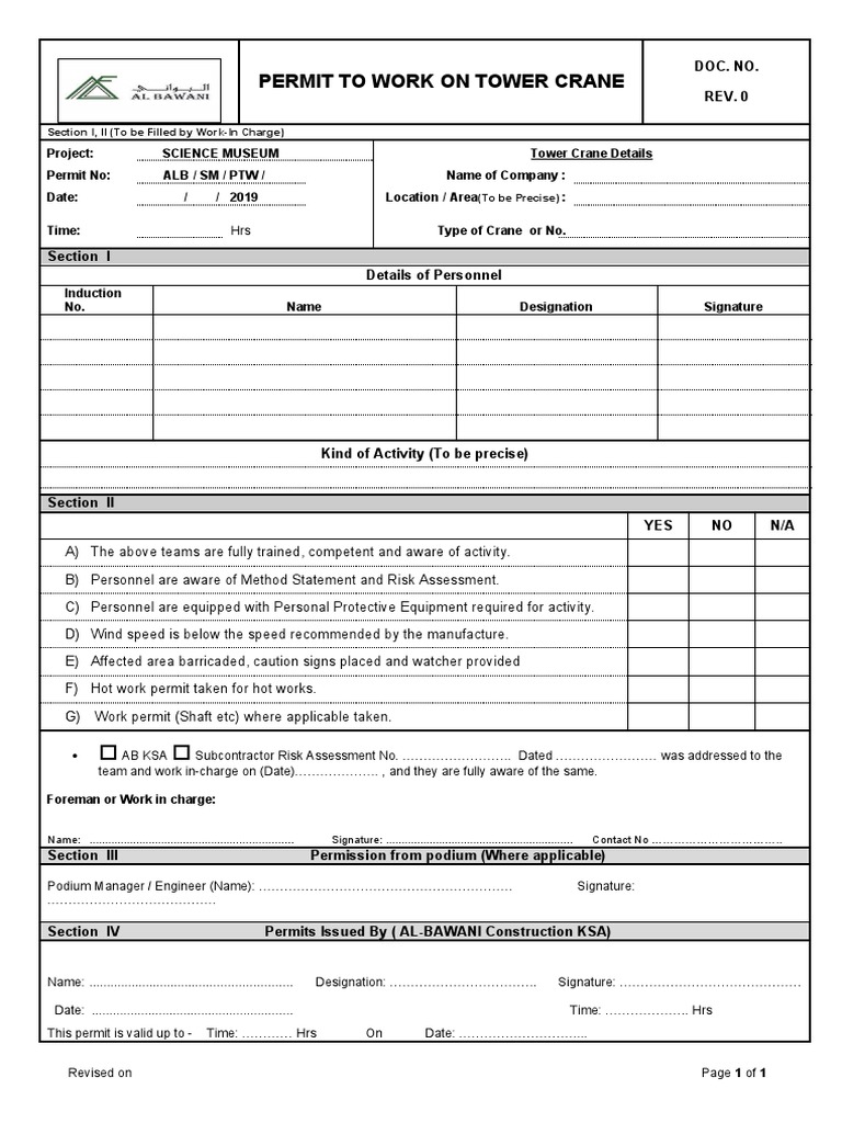 Permit To Work - Tower Crane | Download Free PDF | Business