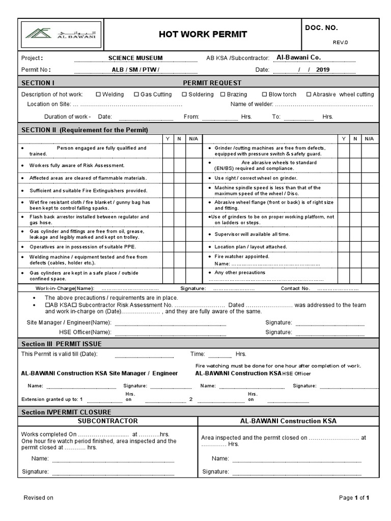 Permit To Work - Hot Work | PDF | Welding | Construction