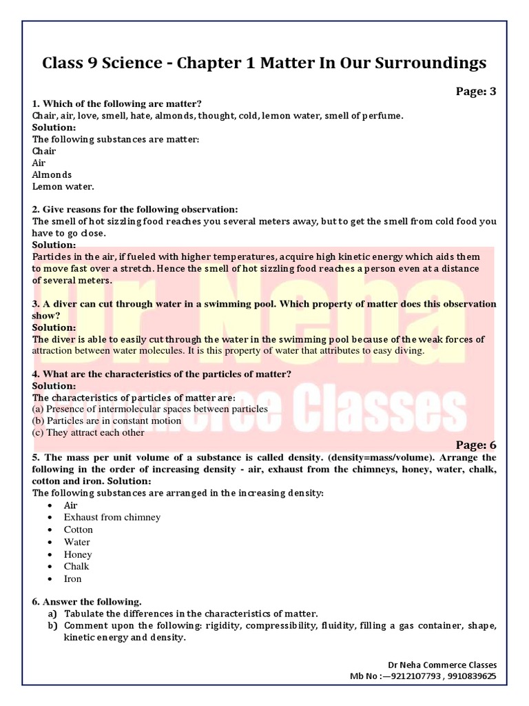 Class 9 Science - Chapter 1 Matter in Our Surroundings PDF | PDF ...